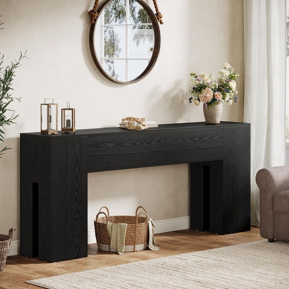 BYBLIGHT Turrella 71 in. Black Rectangle Wood Console Table with Thick ...