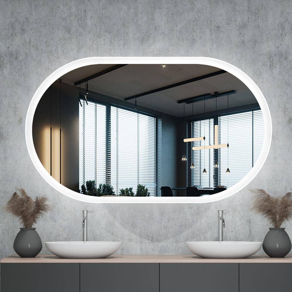 Aoibox 40 in. W x 24 in. H Oval Frameless Wall Mounted Anti-Fog Bathroom Vanity Mirror with LED ...