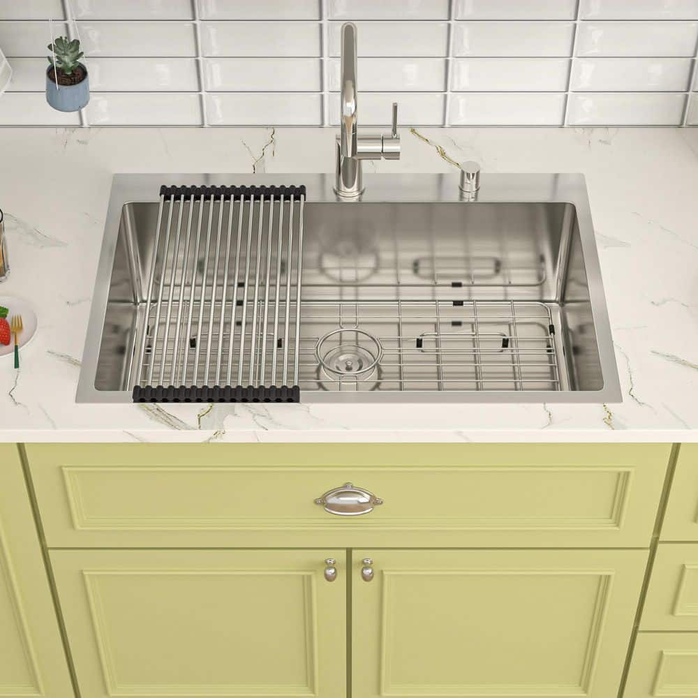 Qidian 30 in. Drop in Single Bowl 16-Gauge Brushed Nickel Stainless ...