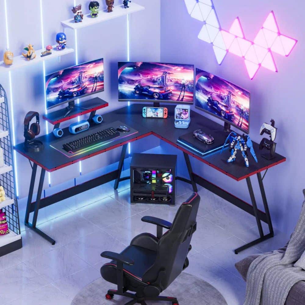 LACOO 51 in. L Shaped Black Carbon Fiber Corner Gaming Desk Computer ...