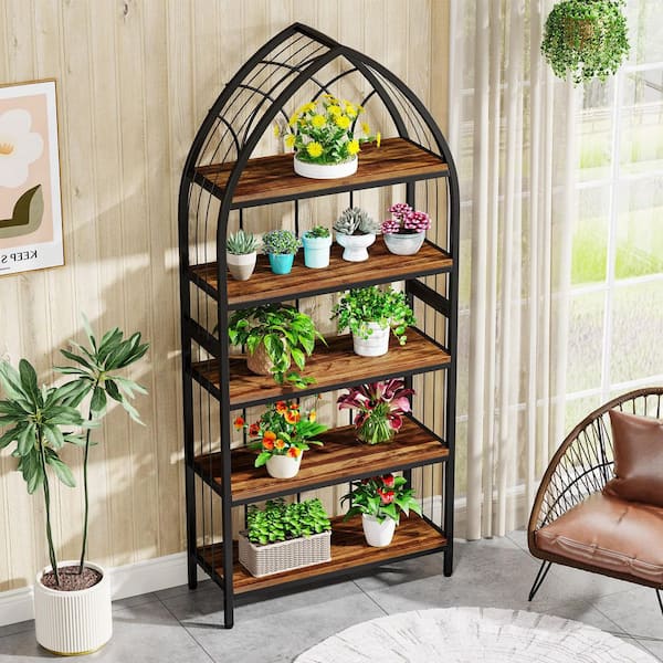 BYBLIGHT Wellston 74.8 in. Brown 5-Tier Wood and Metal Rectangle Plant ...