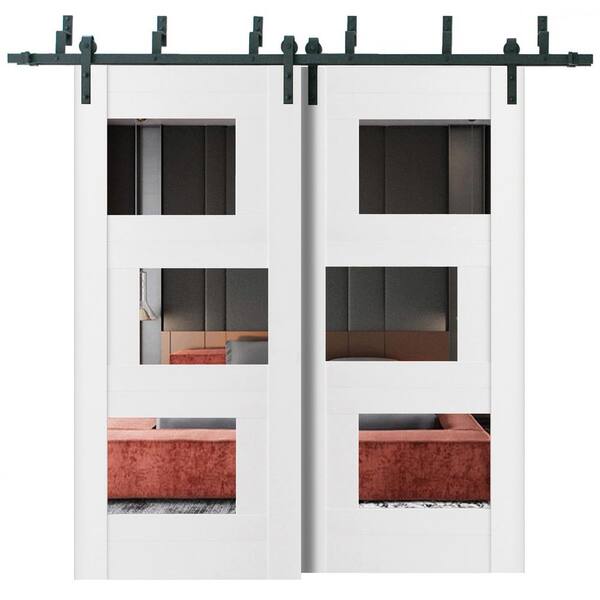 VDOMDOORS 72 in. x 80 in. 2 Panel Frosted Glass White Wood Sliding Barn ...
