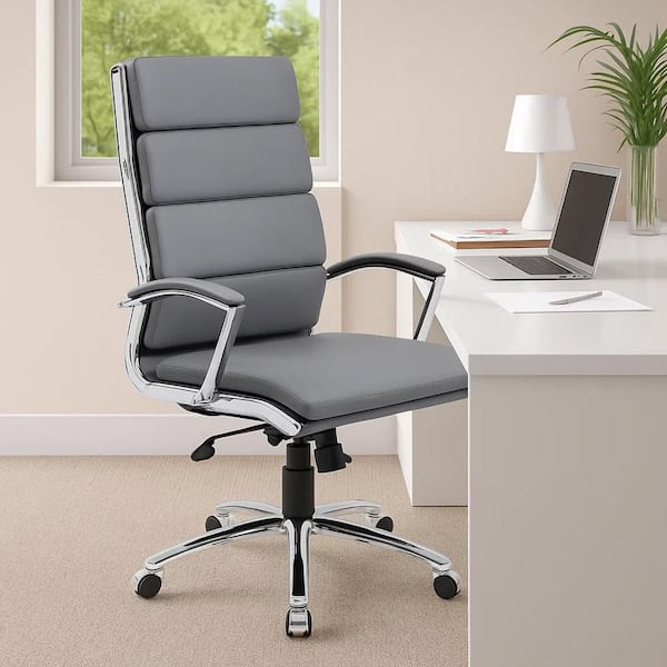 Benjara Dave Vinyl Swivel Executive Chair in Gray and Chrome with Arms ...