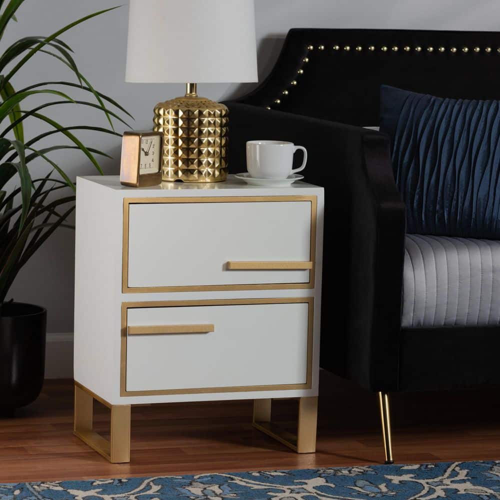 Baxton Studio Giolla 2-Drawer White and Gold Nightstand 22 in. H x 17.7 ...