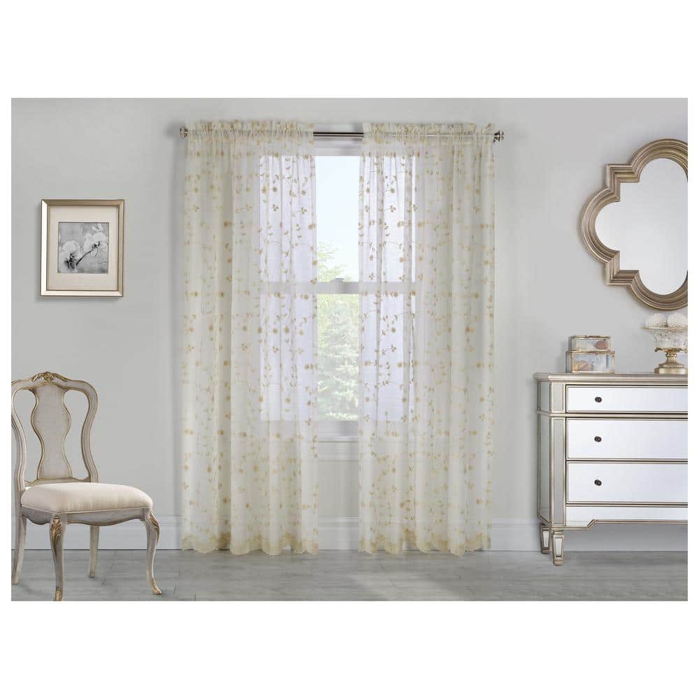 Habitat Grandeur Cream Polyester Floral 52 in. W x 95 in. L Pole Top Indoor Sheer Curtain ...