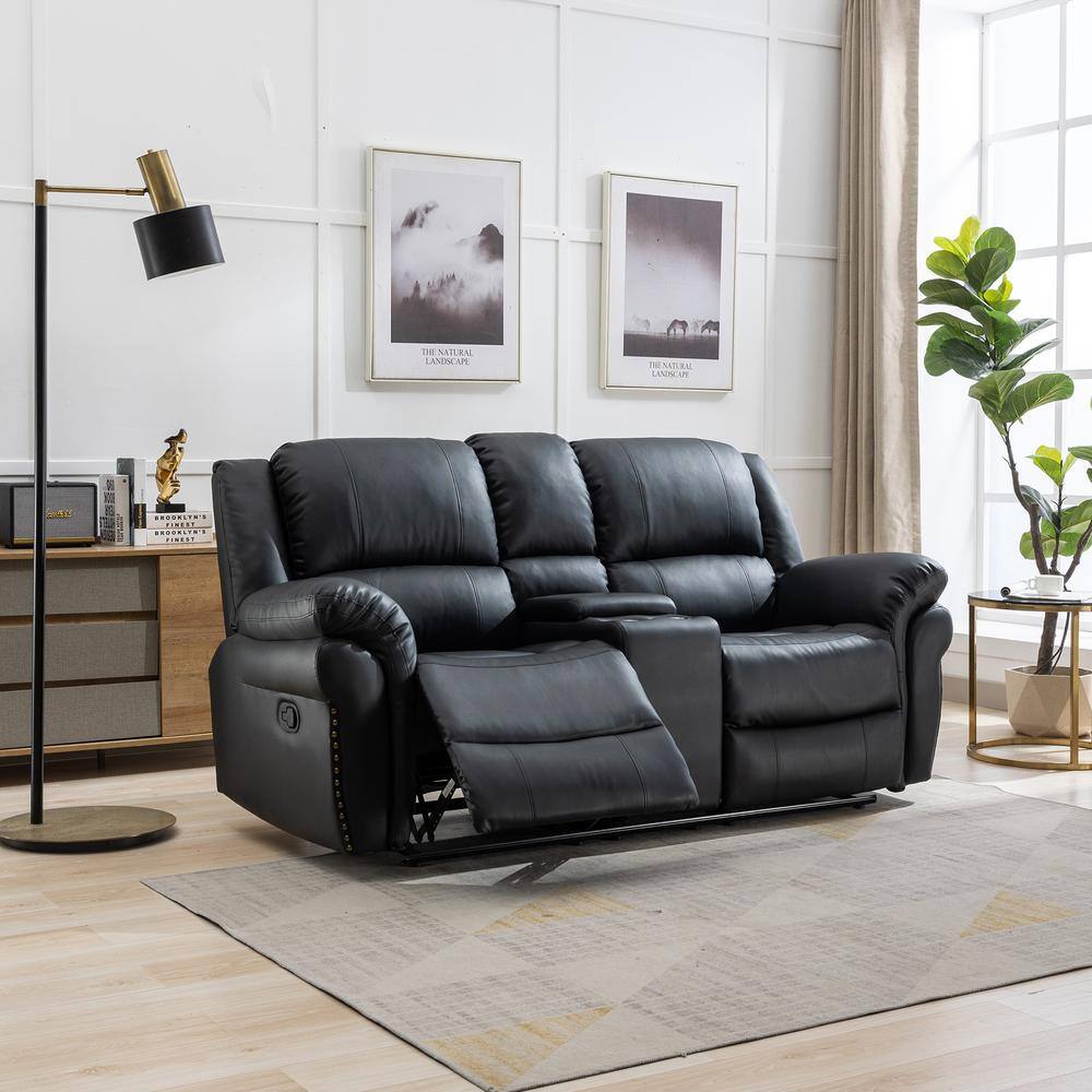 hzlagm 76.77 in. Round Arm Faux Leather Recliner Loveseat Sofa in Black ...
