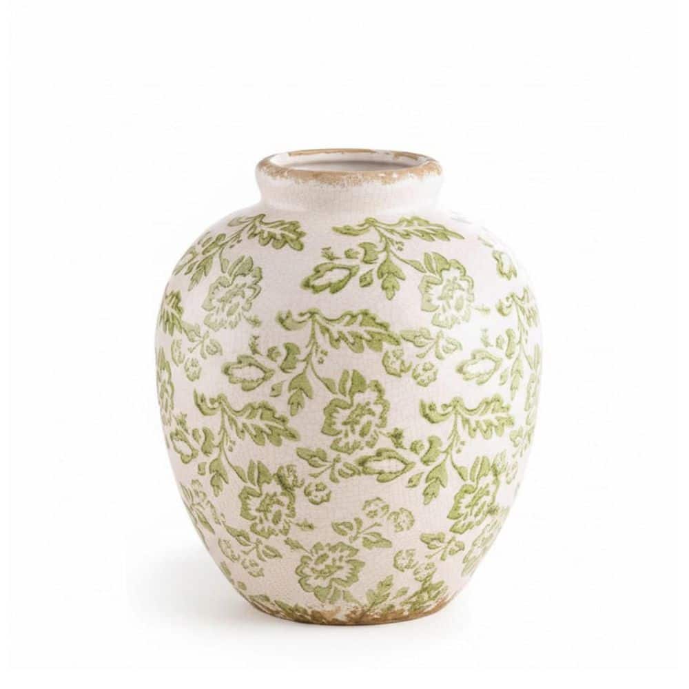 7.9 in. Green Round Ceramic Retro Floral Vases Rustic Decorative Vase ...