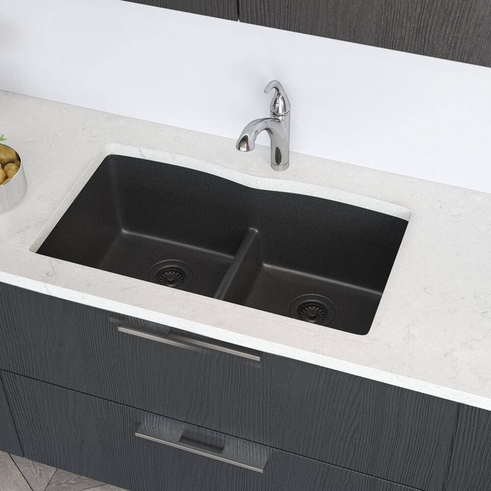 Rene Carbon Granite Quartz 33 in. Double Bowl Undermount Kitchen Sink ...