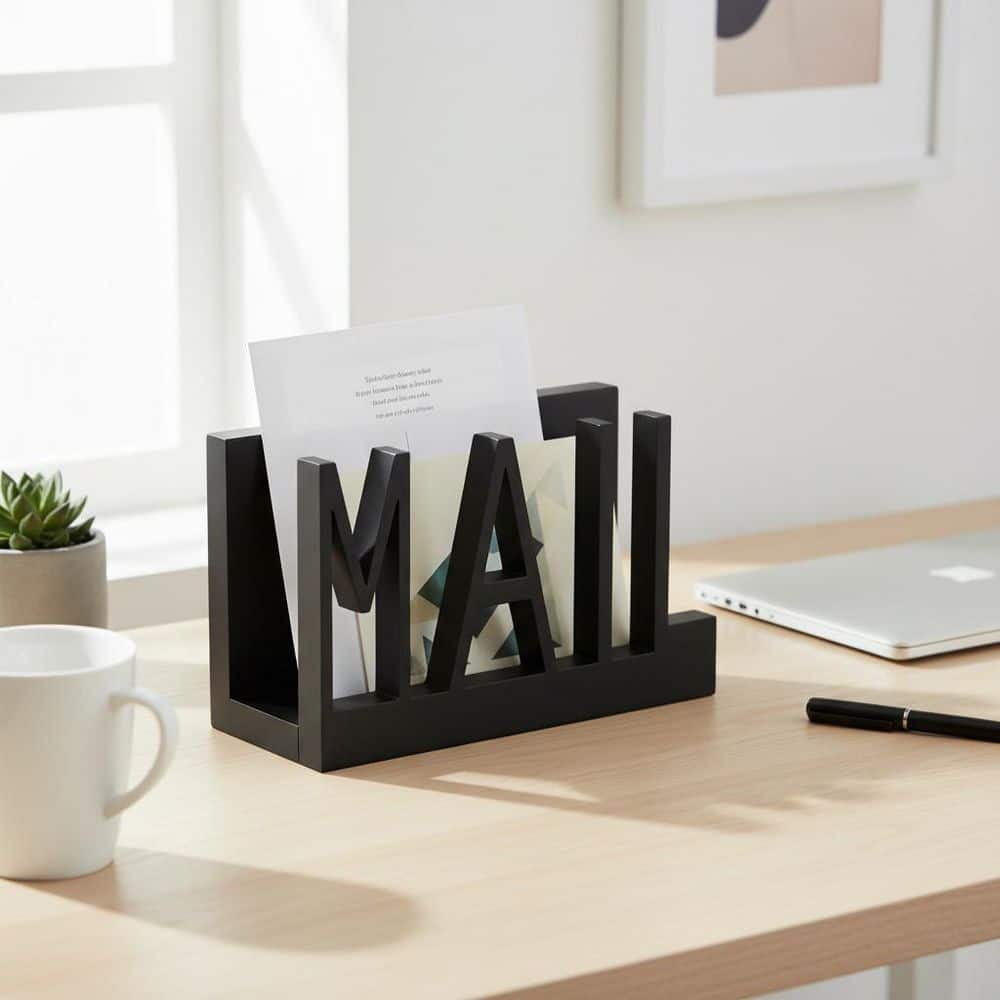 3.8 in. x 6 in. Black Modern Wooden Countertop Mail Organizer with ...