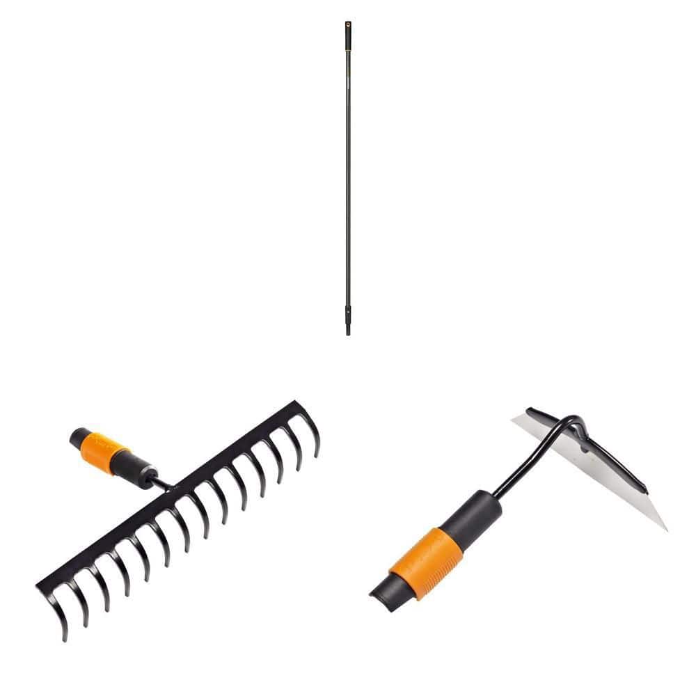 Fiskars QuikFit 61 in. Garden Handle with 14 in. Rake and 7.5 in. Hoe ...