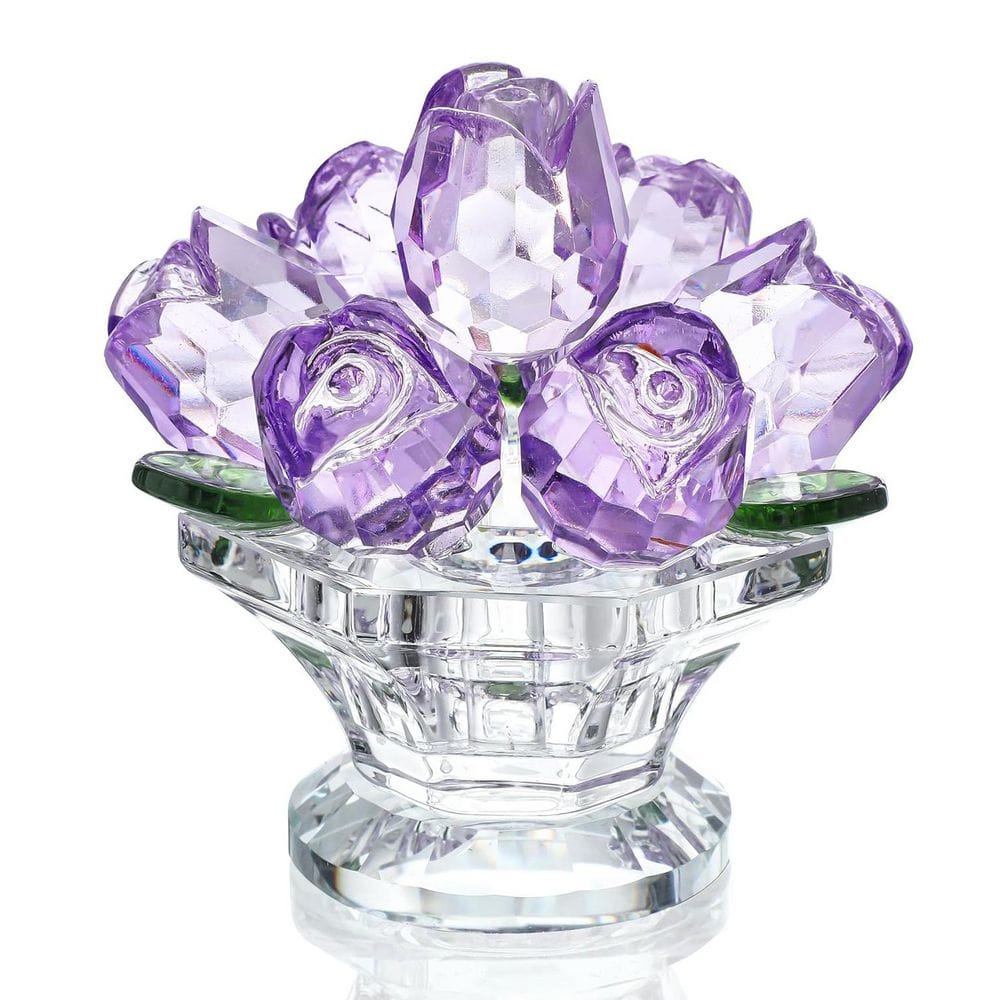2.7 in. Handcraft Crystal Purple Rose Figurine with Base, Glass Rose ...