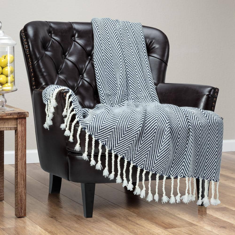CHANASYA Chevron Dark Blue Acrylic Knit Throw Blanket with Tassels, 50 ...