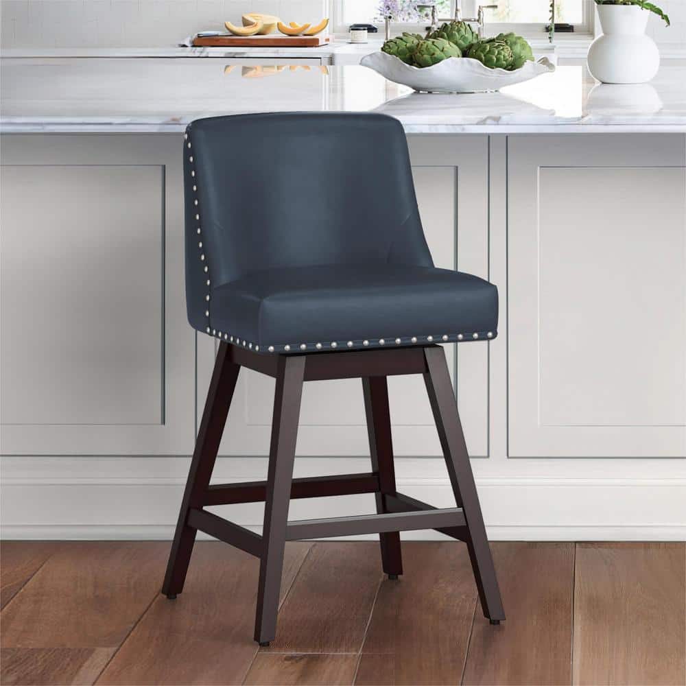 OrangeOne Hampton 26 in. Solid Wood Navy Blue Swivel Bar Stools with ...