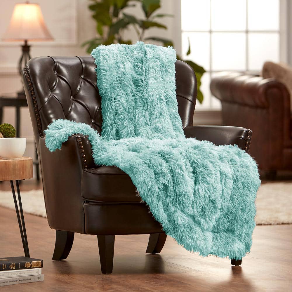 CHANASYA Solid Turquoise Wolf Faux Fur Polyester Throw Blanket-50" x 65 ...