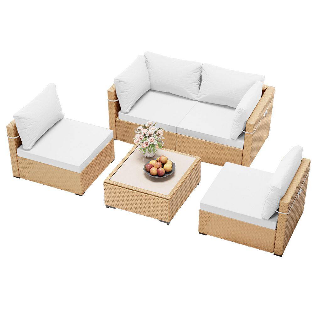 UPHA 5-Piece Brown Wicker Sectional Seating Group with Coffee Table and ...