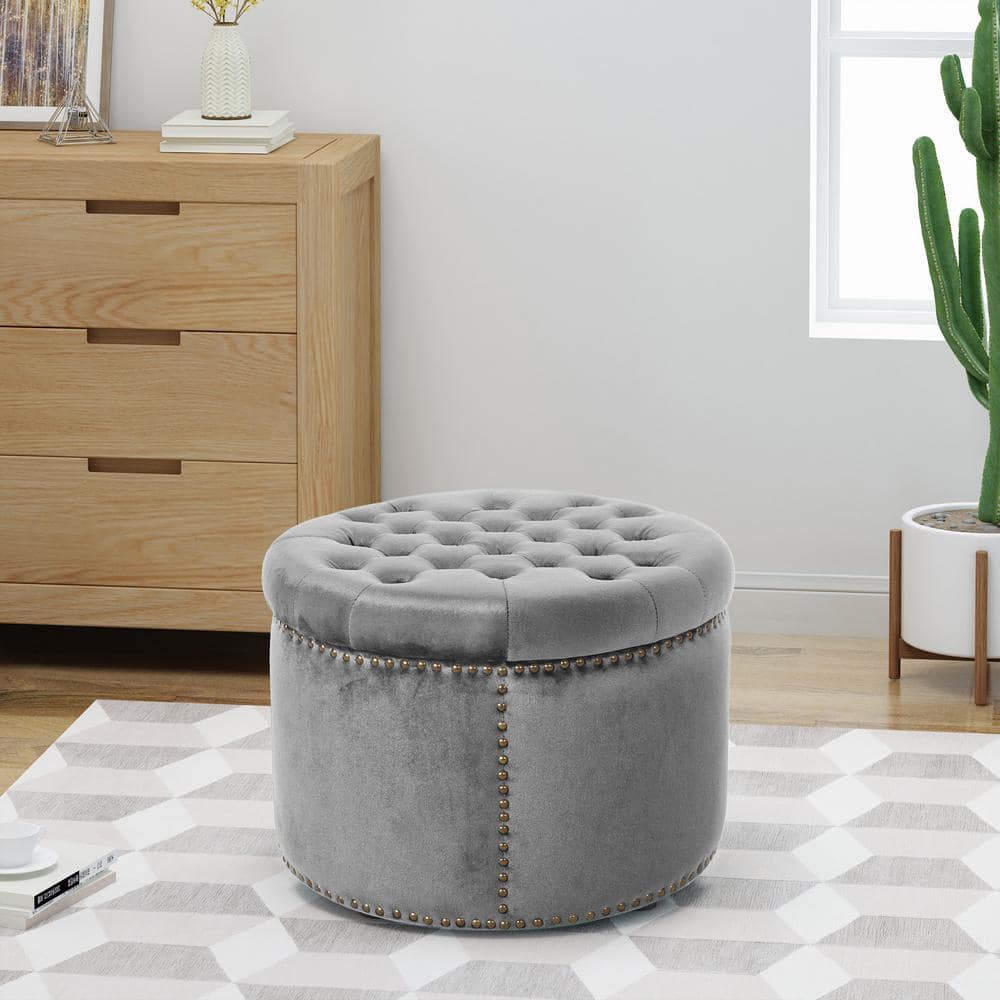 CHRISTOPHER KNIGHT HOME Tiernan Glam Round Tufted Light Gray Velvet ...
