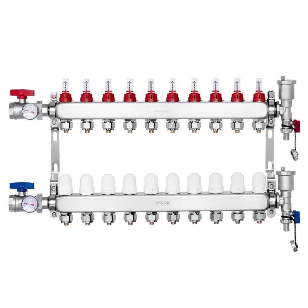 VEVOR 10-Branch Radiant Heat Manifold,1/2 in. PEX Tubing Manifold ...