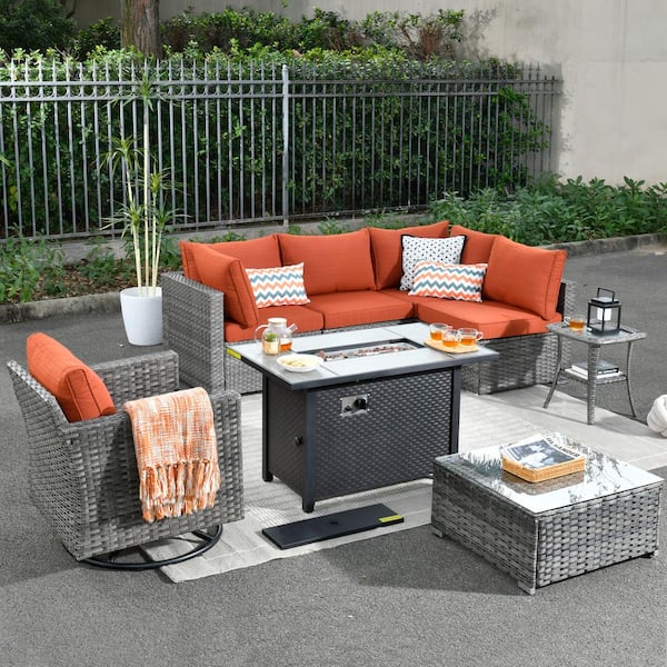 HOOOWOOO Messi Gray 8-Piece Wicker Outdoor Patio Conversation Sofa Fire ...