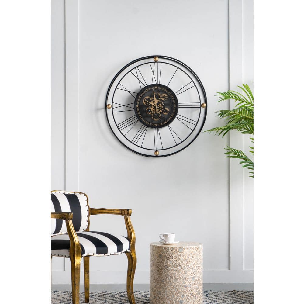 32 in. Black Round Large Gear Clock with Roman Numerals and Thin Metal ...
