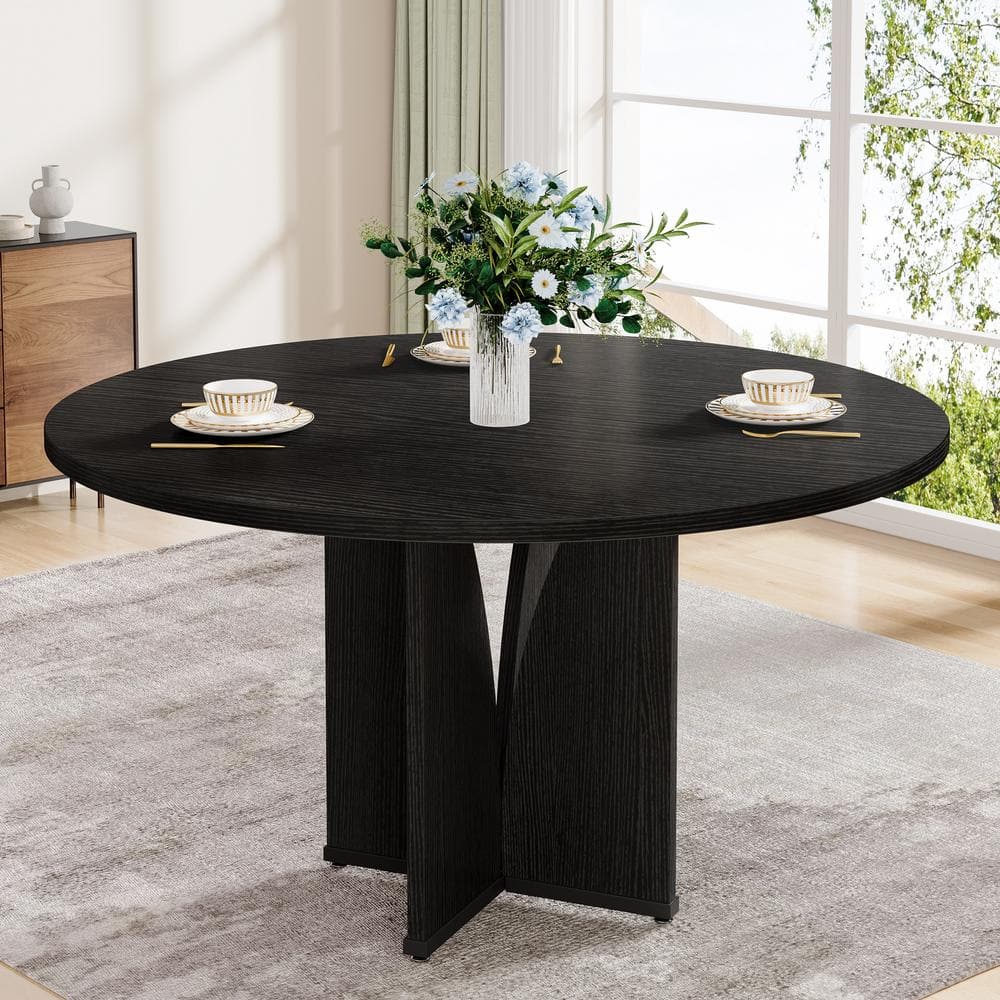 BYBLIGHT Roesler Farmhouse Black Wood 39.37 in. W Pedestal Round Dining ...