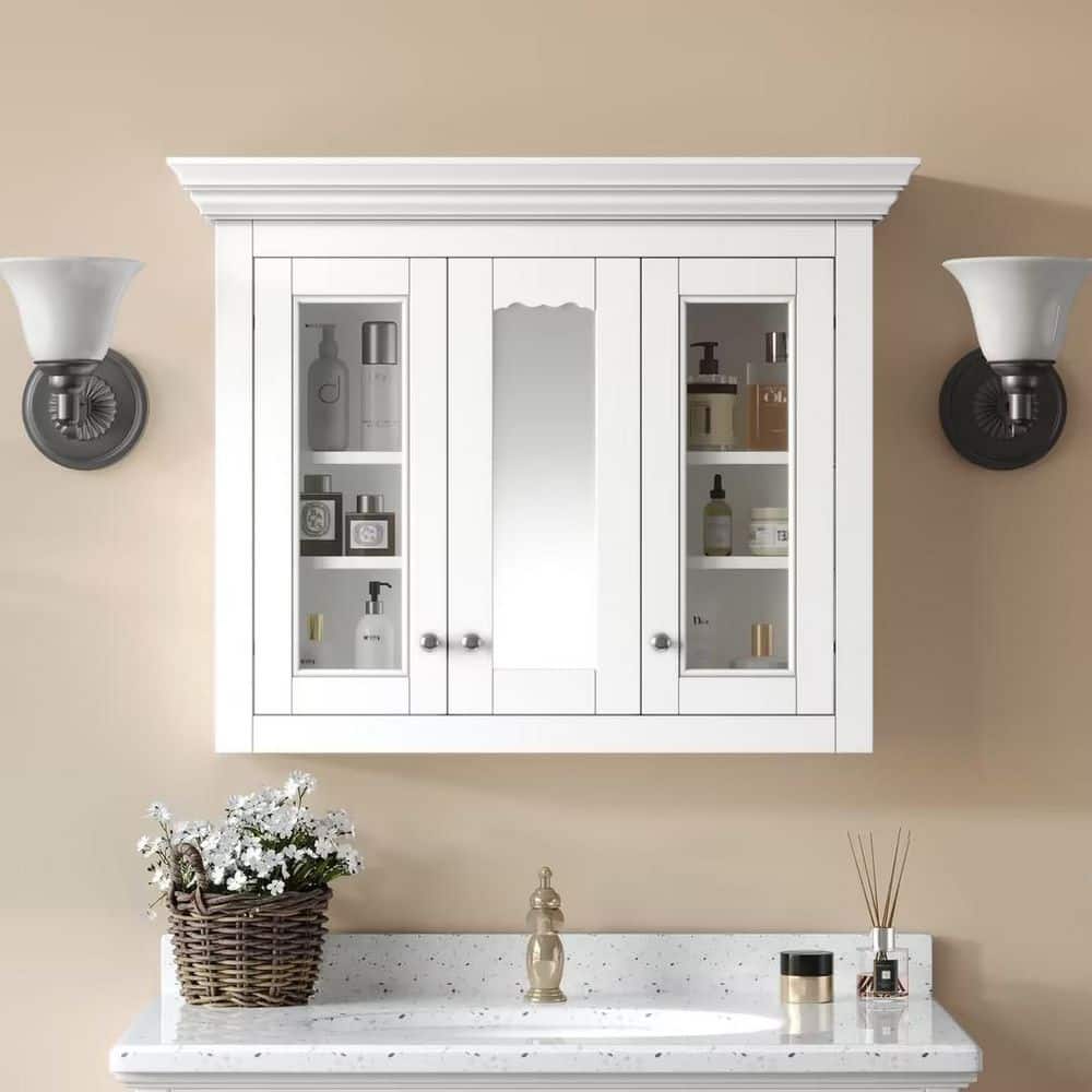 FUNKOL 35.03 in. W x 28 in. H White Rectangular Medicine Cabinet with ...