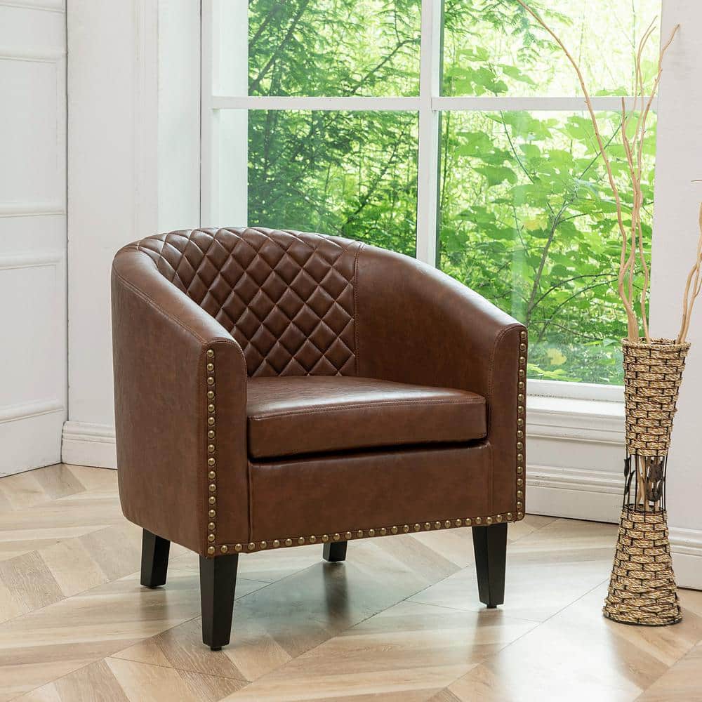 KINWELL Brown Modern Faux Leather Upholstered Accent Tufted Club Chair ...
