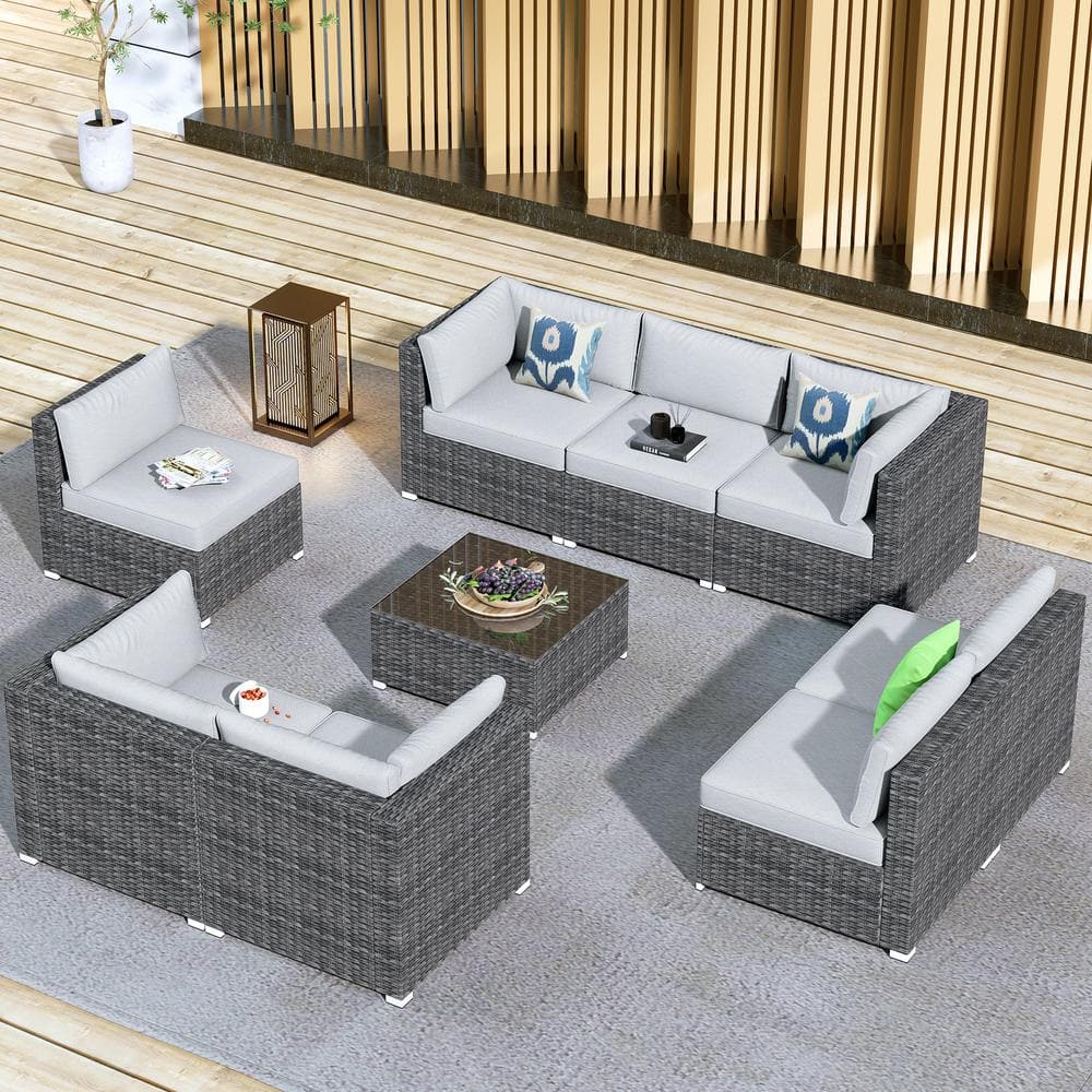 HOOOWOOO Messi Grey 9-Piece Wicker Outdoor Patio Conversation Sofa ...