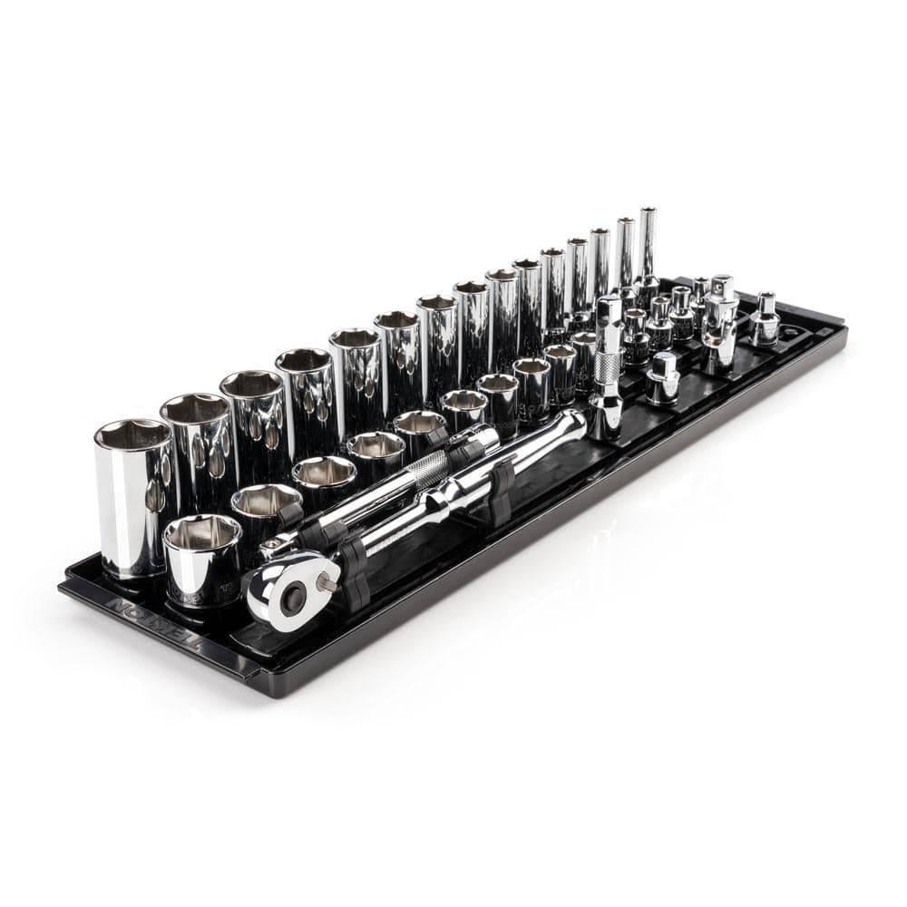 TEKTON 3/8 in. Drive 6-Point Socket and Ratchet Set with Rails (1/4 in ...