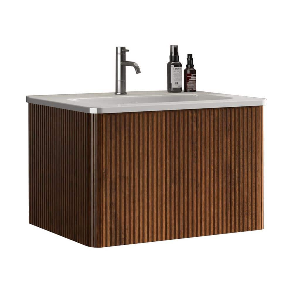 INSTER 24 in. Wall Mount Modern Single Sink Striped Walnut Bath Vanity ...
