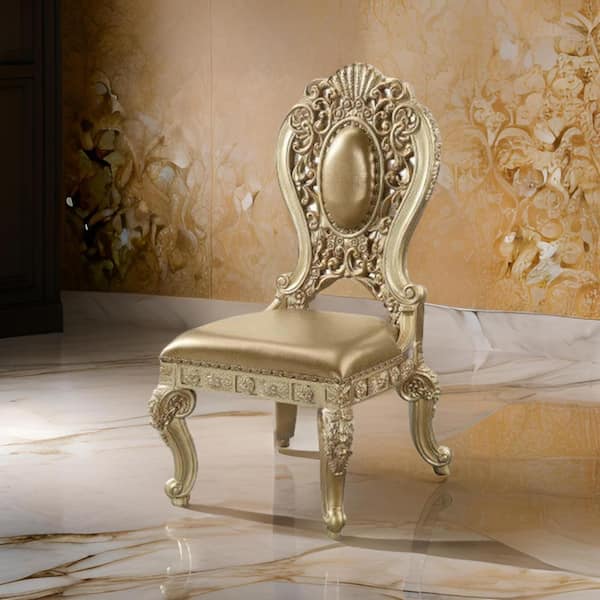 Benjara Gold leather Side Chair with Scroll Crown Back and Ornate ...