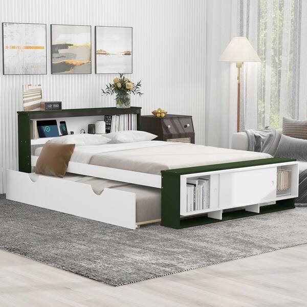 Nestfair Green Wood Frame Full Size Platform Bed with Trundle and USB ...