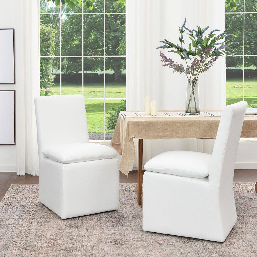 KINWELL White Performance Fabric Upholstered Side Chair with Casters ...