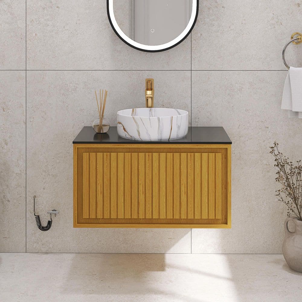 TCYO 30 in. Wall-Mounted Light Oak Bath Vanity with Black Sintered ...