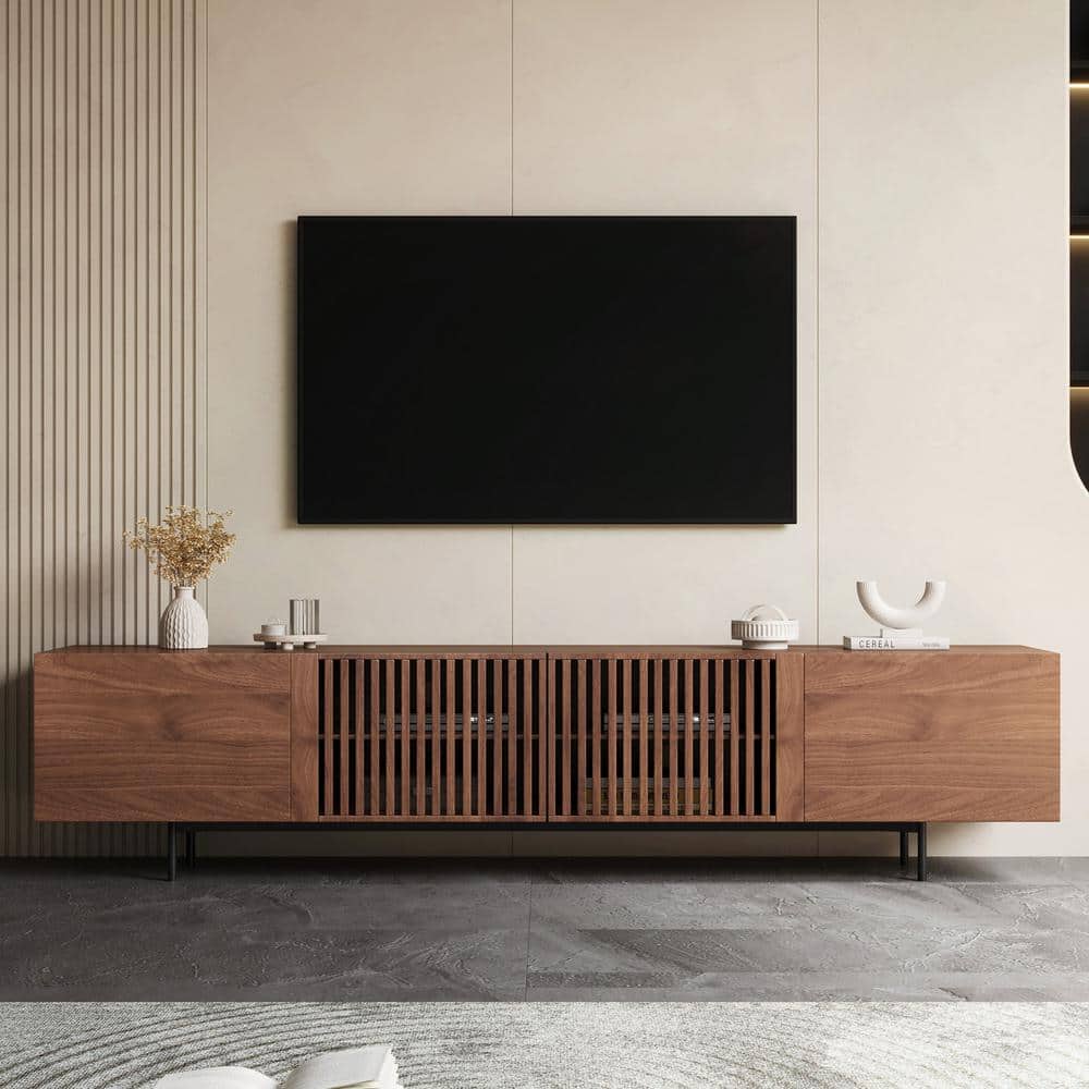 THE RIGHT PATH 94.48 in. Walnut Color Mid Century Modern TV Stand with Louvered Cabinet Doors ...