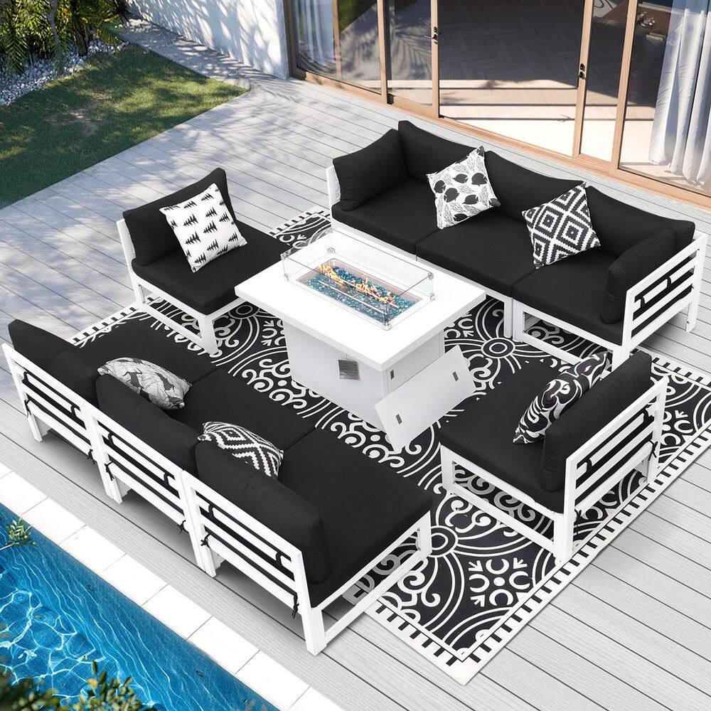 Extra Large White 9-Piece Aluminum Patio Fire Pit Conversation Set Deep ...