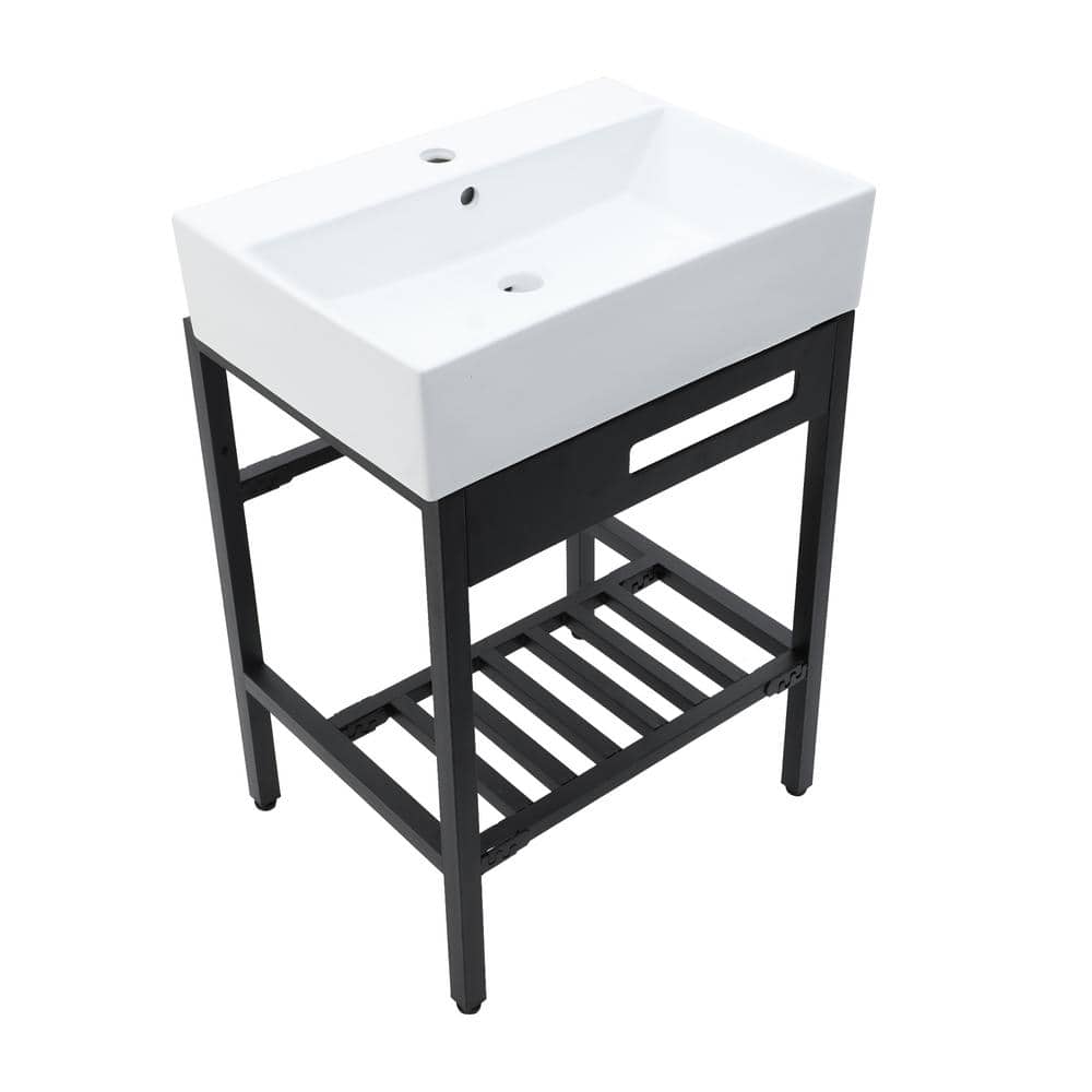 LORDEAR 24 in. White Freestanding Rectangular Bathroom Ceramic Console ...