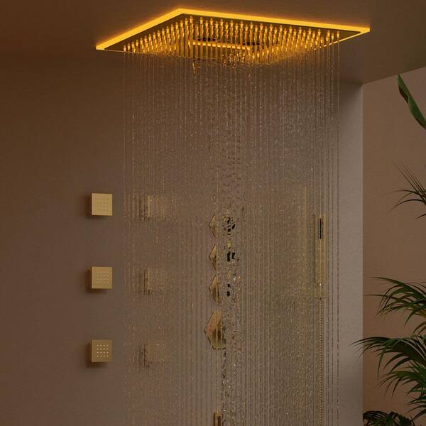 GRANDJOY 16 in. Square Aurora Shower System 17-Spray Ceiling Mount Fixed and Handheld Dual ...