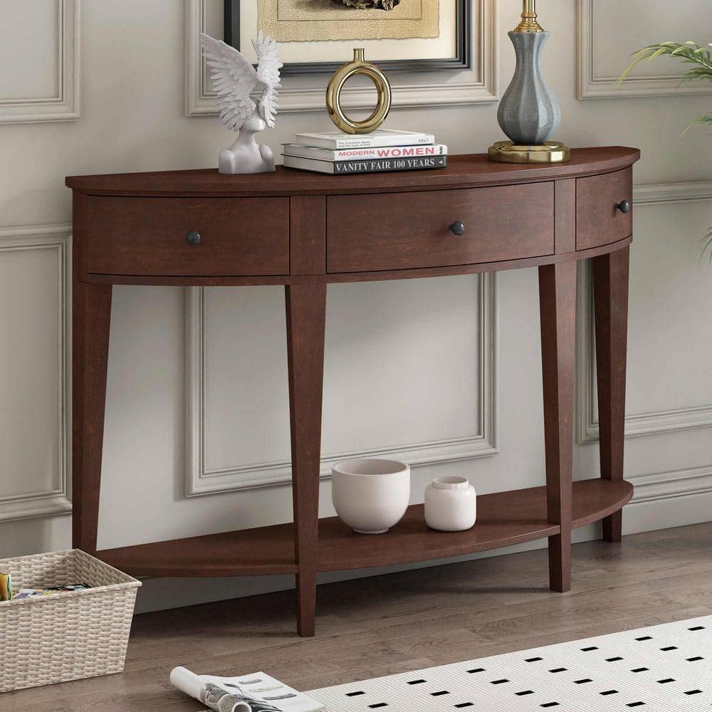 Polibi 51.1 in. Espresso Half-Moon Wood Console Table with 3 drawers ...