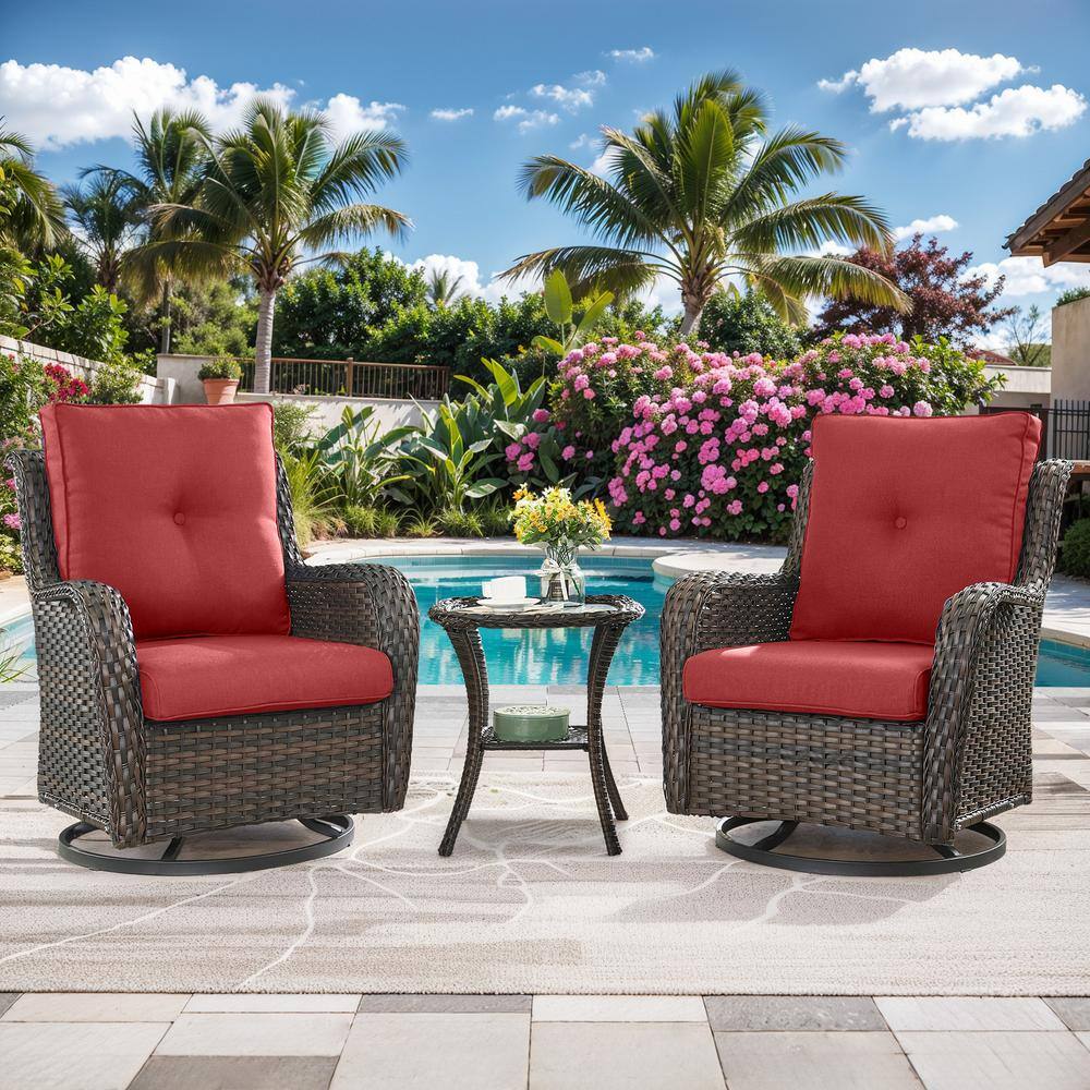 moosprr 3-Piece Patio Brown Wicker Outdoor Chat Sets with Red Olefin ...