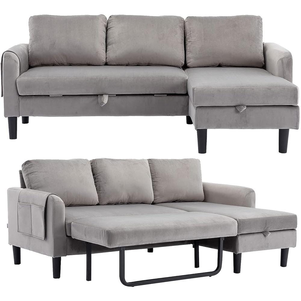 Uixe 72.44 in. Square Arm Velvet Convertible Sleeper Sofa L-Shape ...