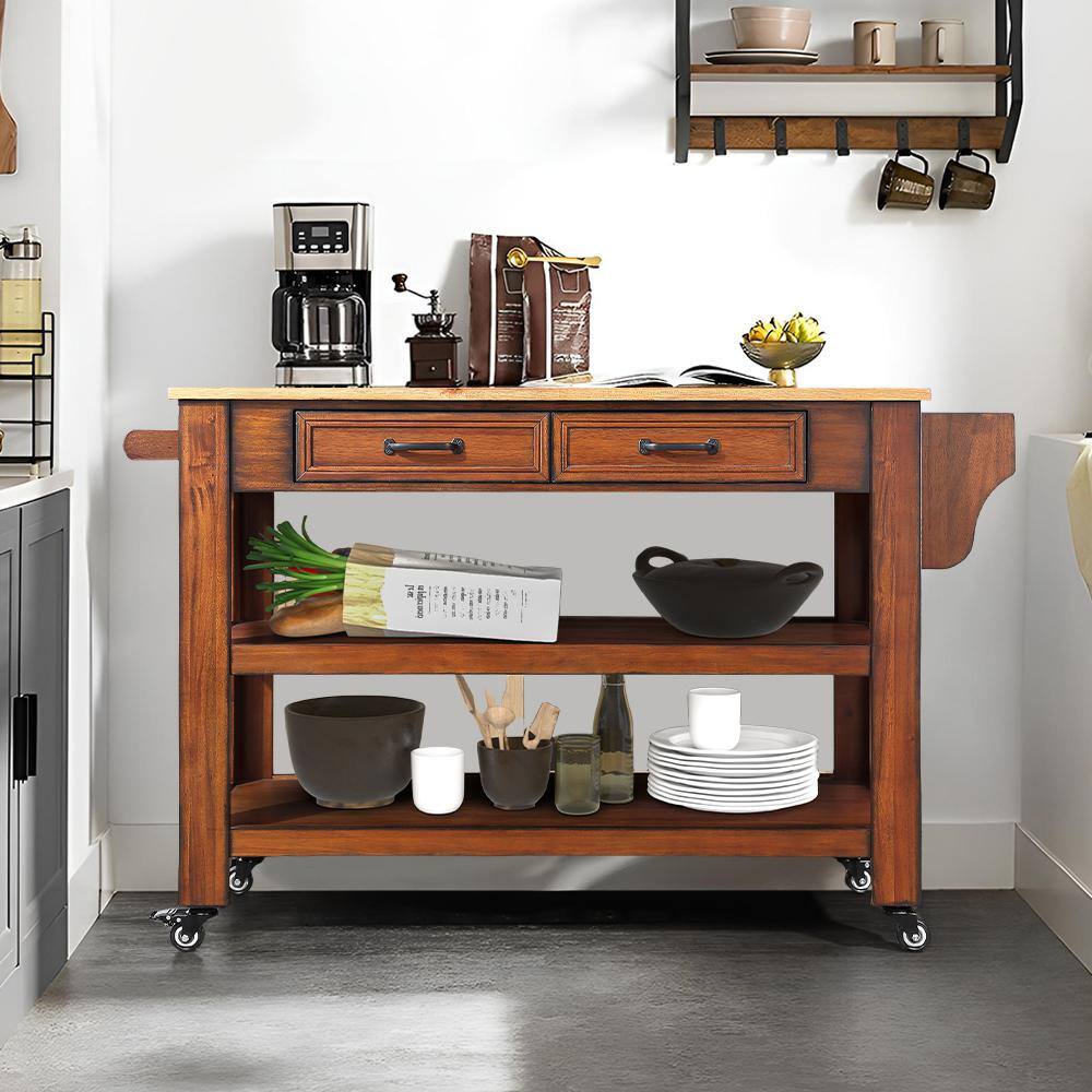WarmieHomy Solid Wood Natural Top Brown Rolling Kitchen Cart Wine and ...