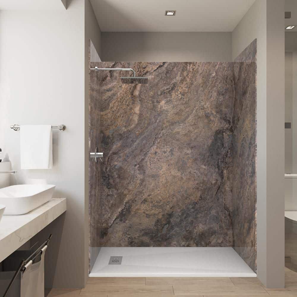 CASTICO Fusion Brown 32 in. x 60 in. x 84 in. Solid Composite Stone Alcove Shower Kit with Walls ...