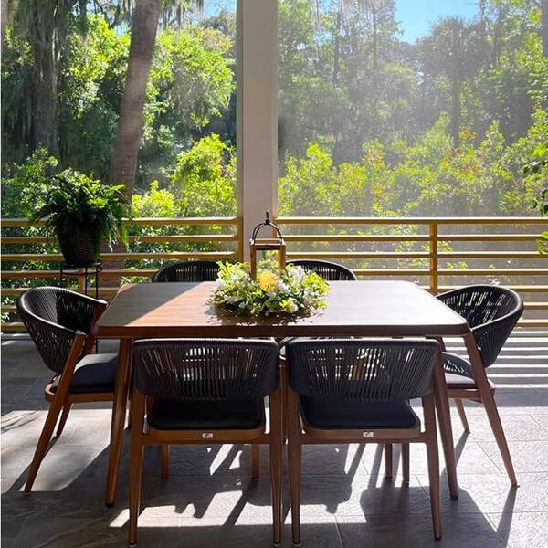 7 Piece Aluminum Wicker Dining Table and Chairs Patio Outdoor Dining Set Teak Patio Furniture Set with Cushions Brown
