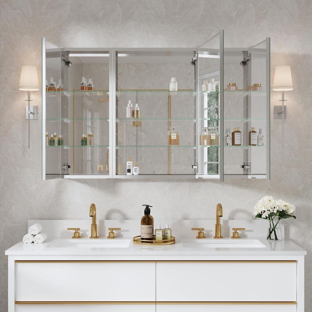 WELLFOR ROSA 44 in. W x 30 in. H Rectangular Tri-View Aluminum Medicine ...