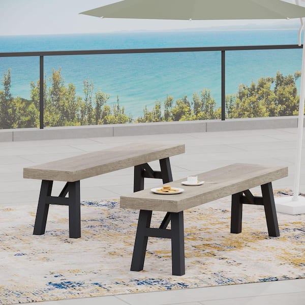 2-PC Weather-Resistant Grey Outdoor Acacia Wood Bench Set with Slat ...