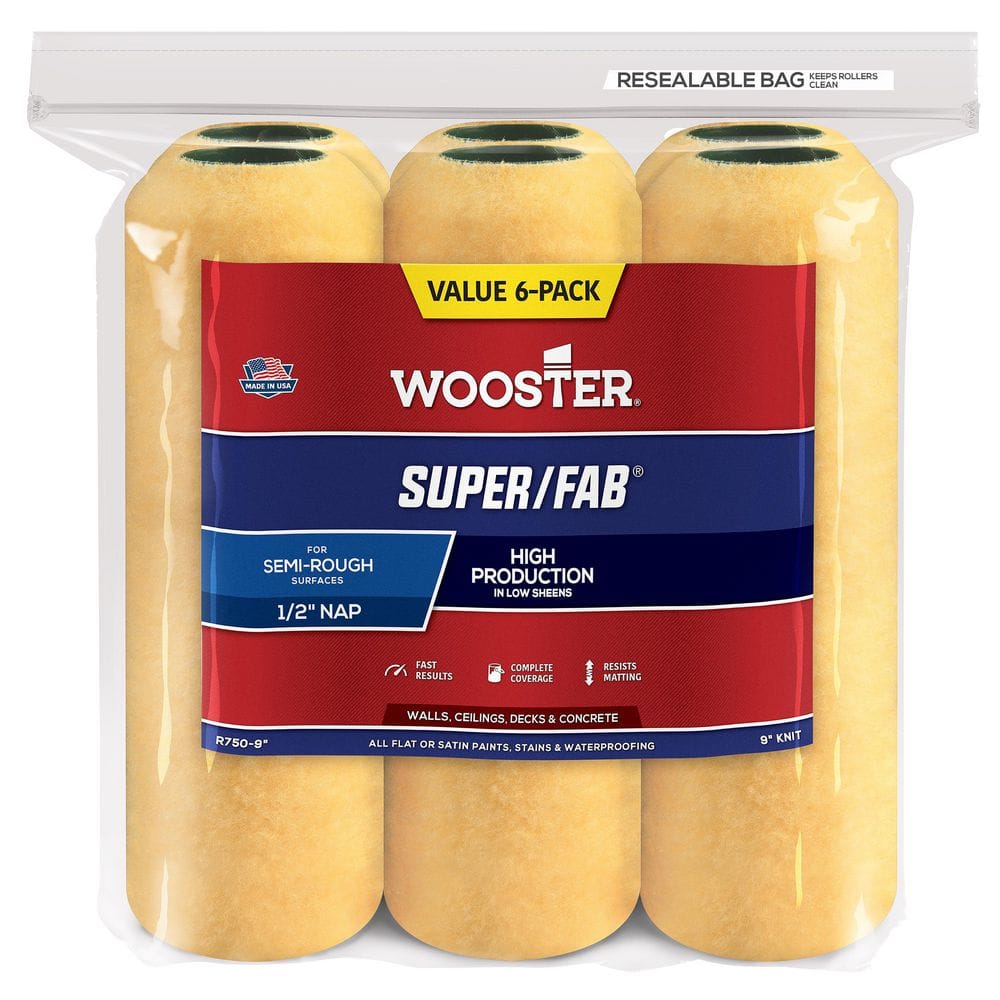 Wooster 9 in. x 1/2 in. Super/Fab Roller Cover (6-Pack) 00R7500090 ...