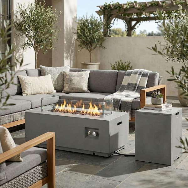 31.5 in. Rectangular PE Wicker Outdoor Fire Pit Table with Propane Tank ...