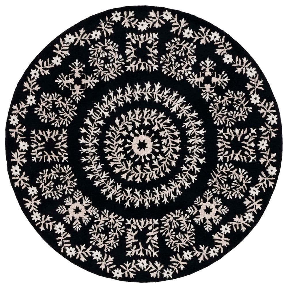 SAFAVIEH Empire 6 ft. x 6 ft. Black/Ivory Border Medallion Round Area ...