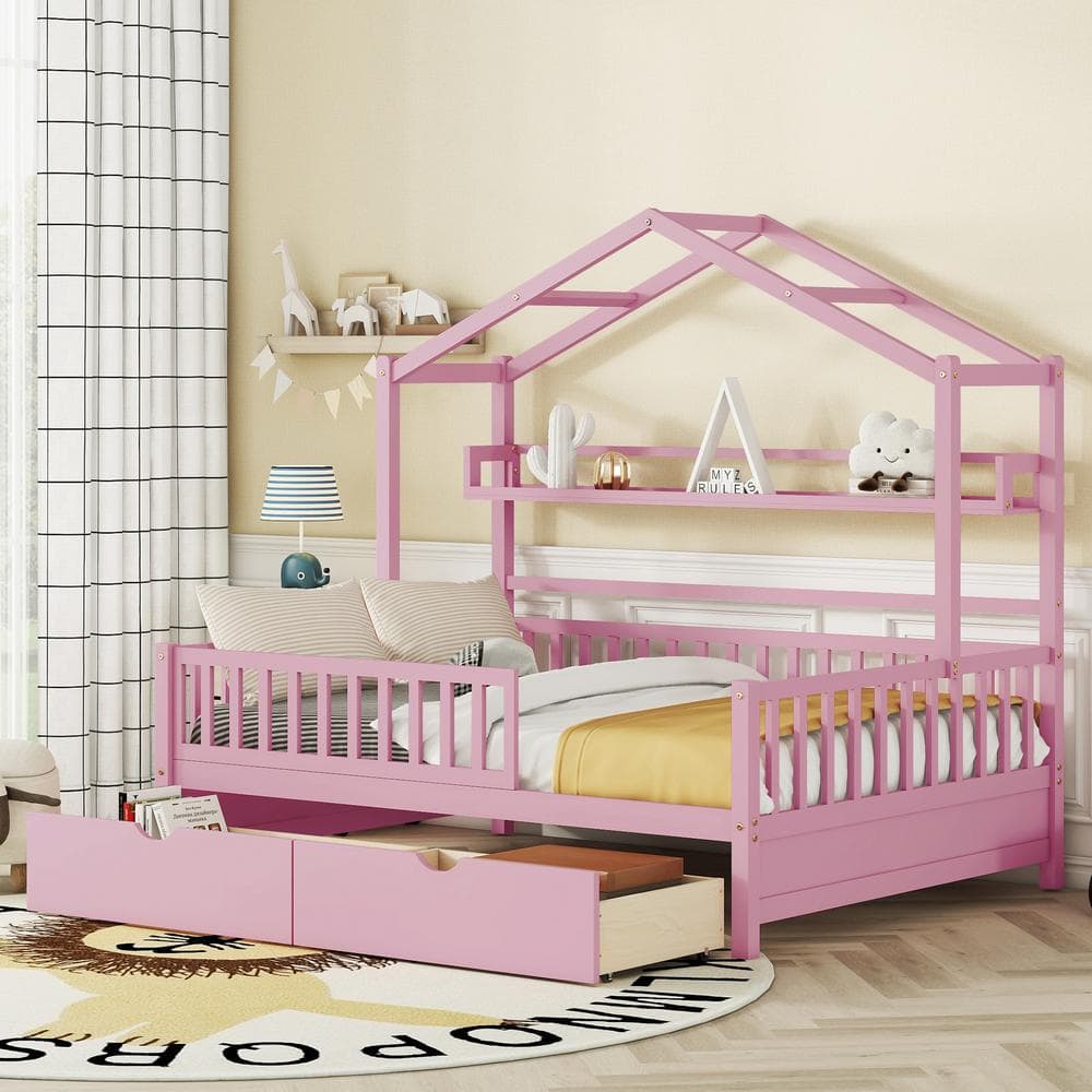 Harper & Bright Designs Pink Wood Frame Full Size House Platform Bed ...