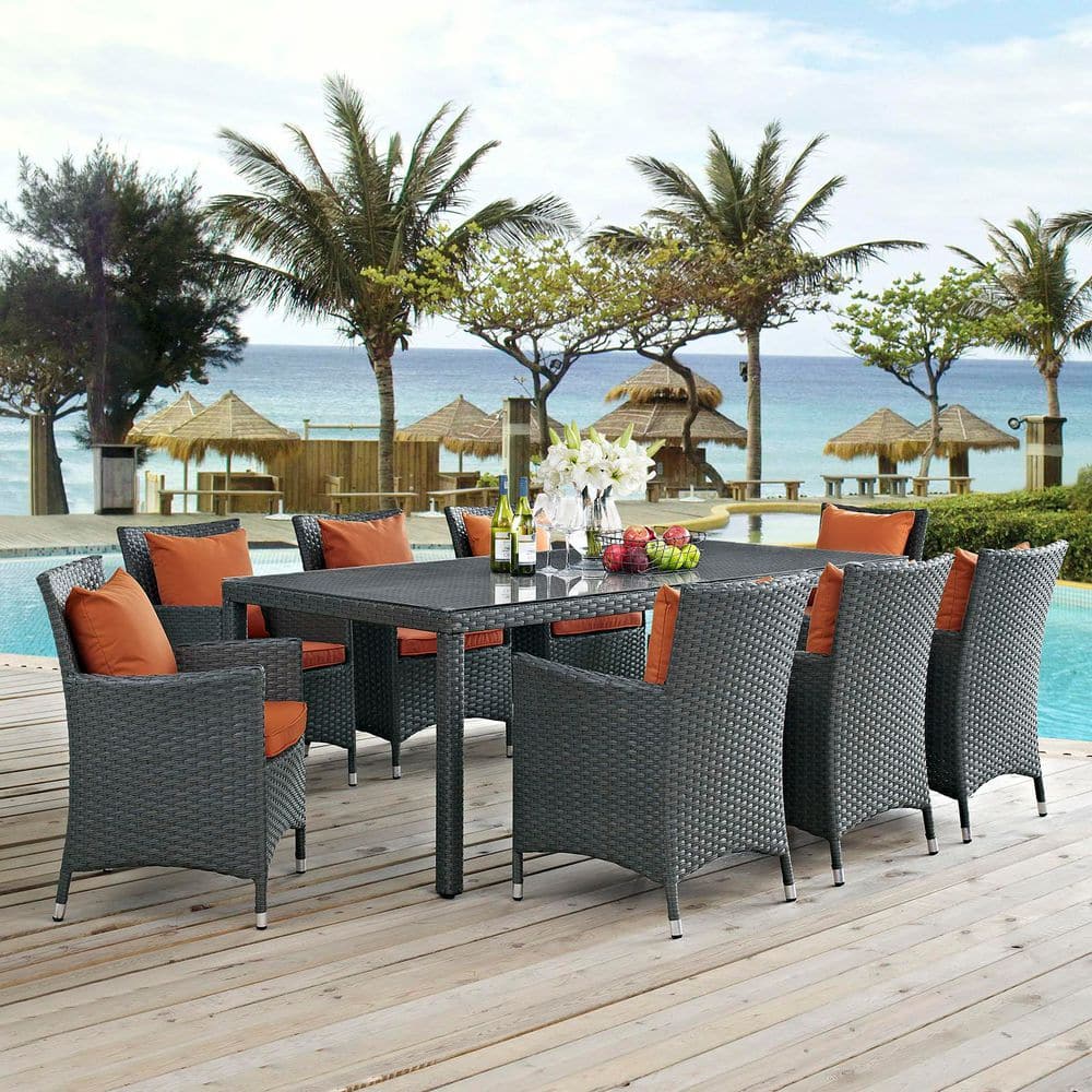 MODWAY Sojourn 7-Piece Wicker Rattan Rectangular Patio Outdoor Dining ...